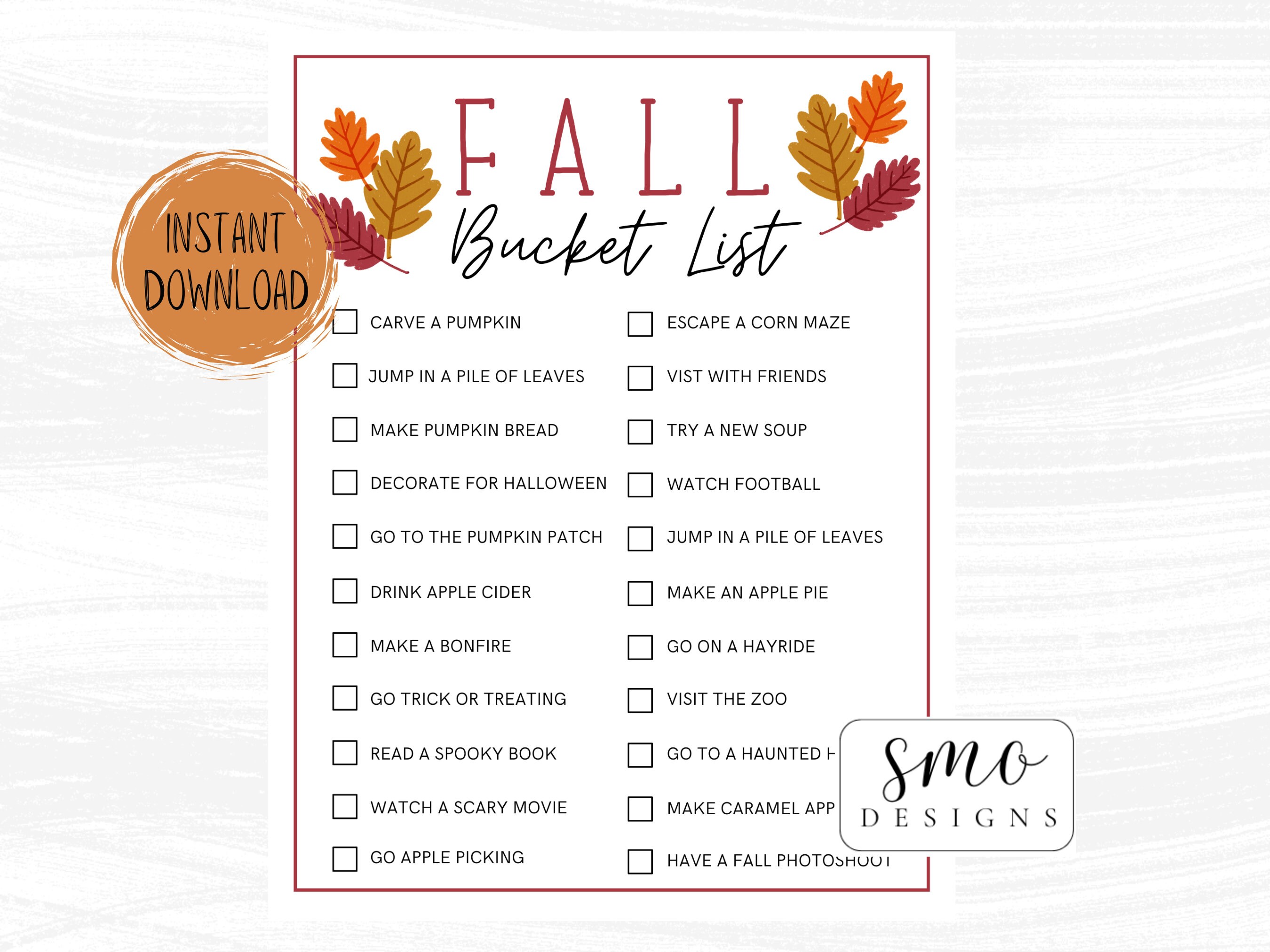 Fall Bucket List Instant Download Printable Template Activity for Kids ...