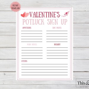Valentine's Day Printable Potluck Sign up Sheet | Party Sign up ...