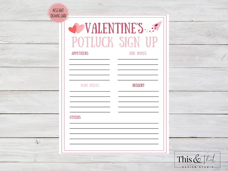Valentine's Day Printable Potluck Sign up Sheet | Party Sign up ...