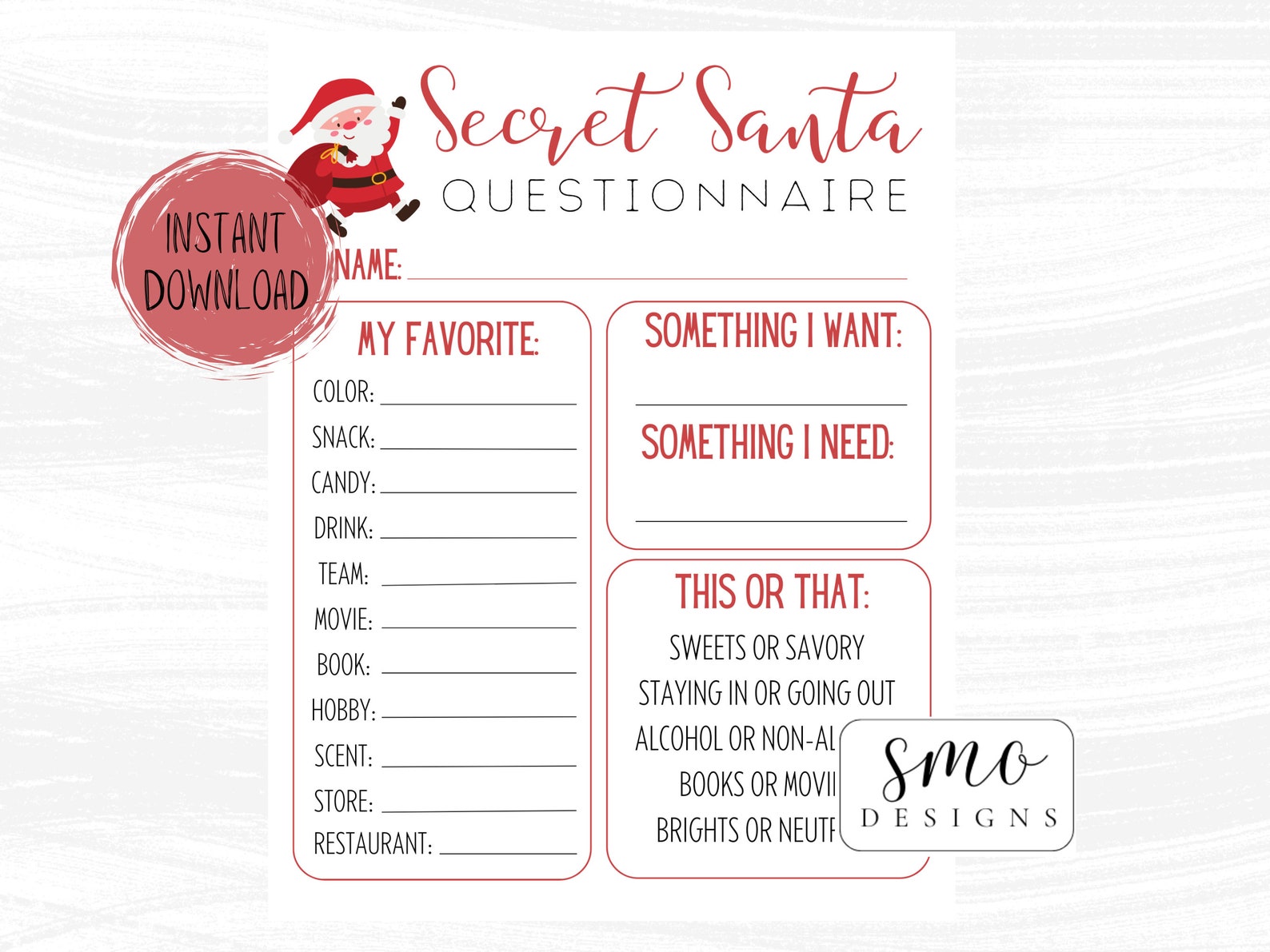 Secret Santa Questionnaire Christmas Letter Wishlist Blank Printable ...