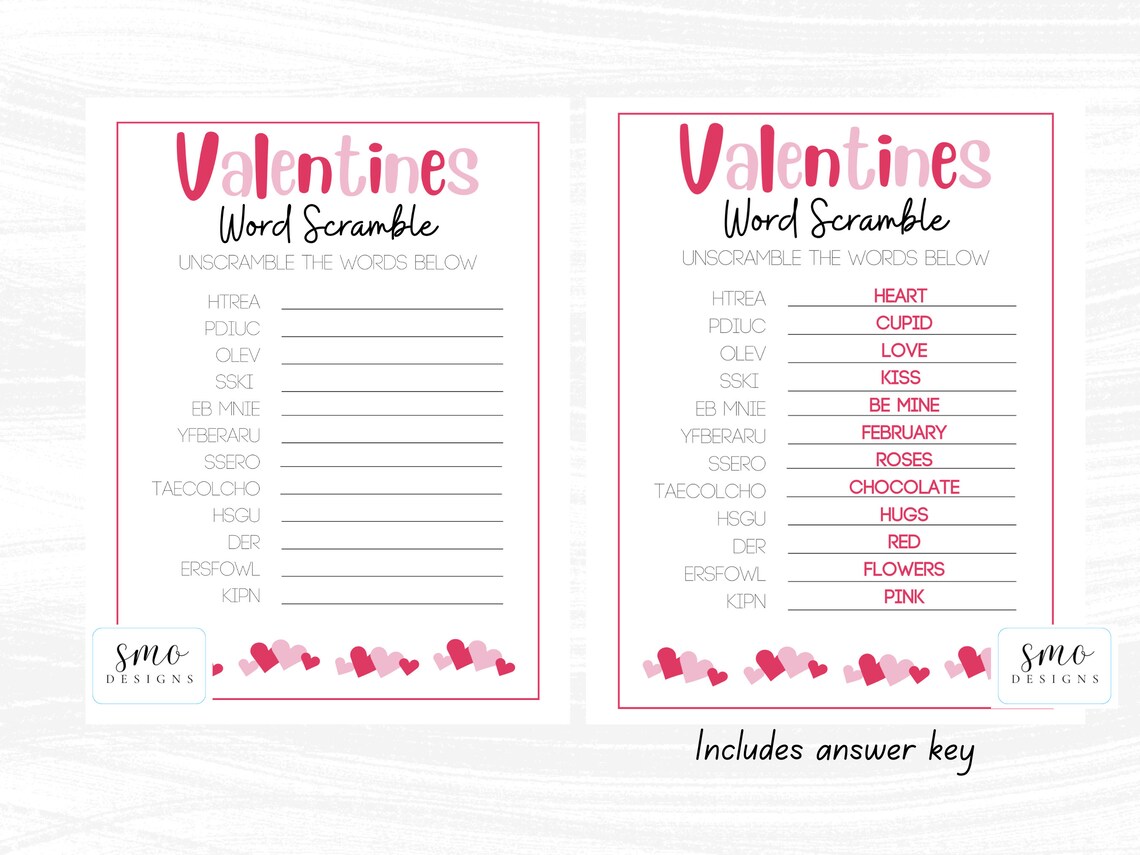 Valentines Word Scramble Valentine Party Game Word Scramble Template ...