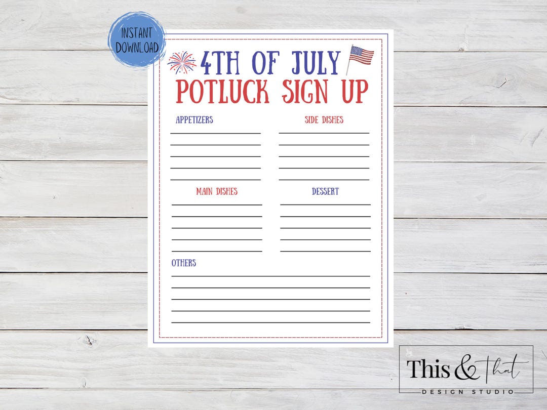Fourth of July Printable Potluck Sign up Sheet | July 4th Sign up ...