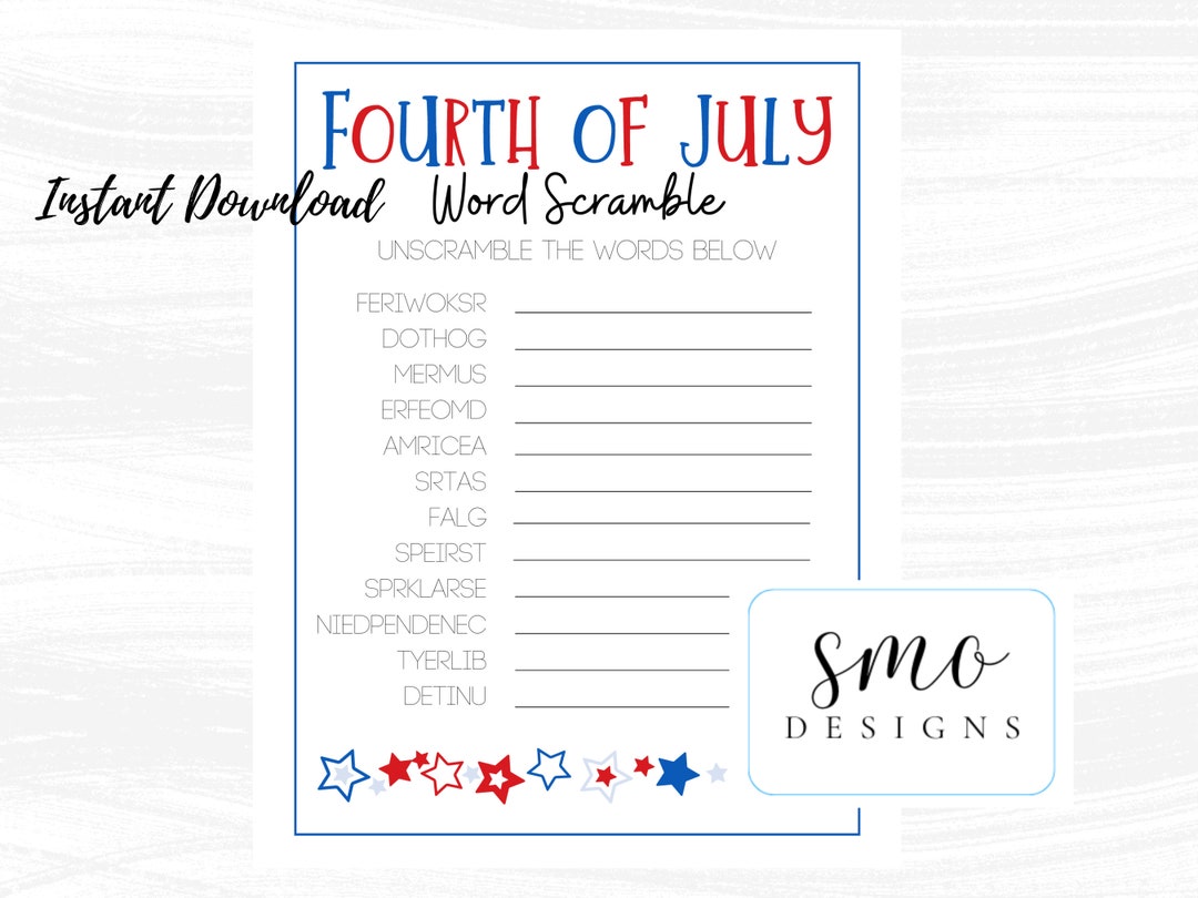 Fourth of July Word Scramble 4th of July Party Game Word Scramble ...