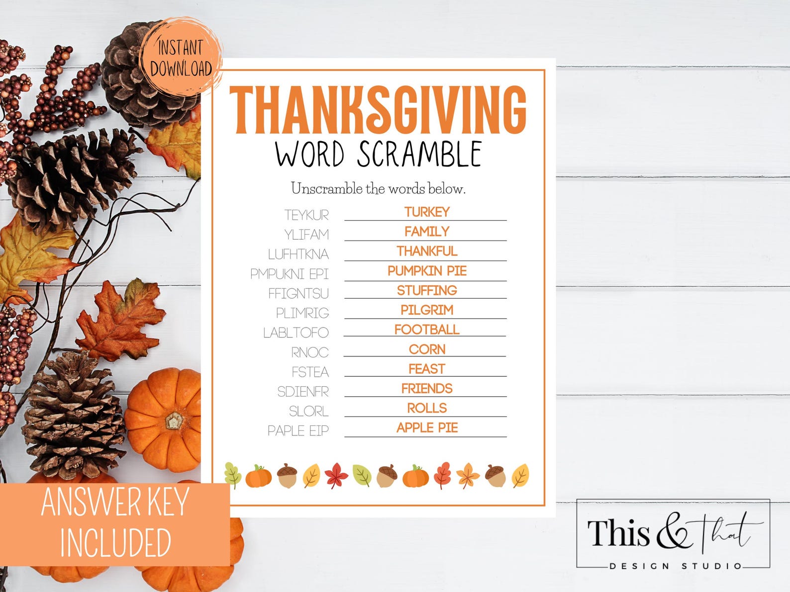 Thanksgiving Word Scramble Printable | Fall Activity Sheet Printable ...