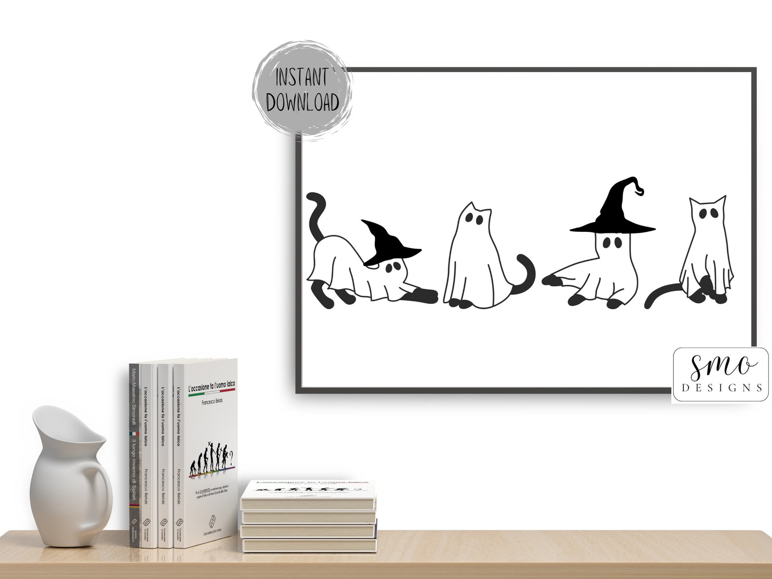 Halloween Cat Witch Ghost Art, Halloween Wall Art, Halloween Poster ...