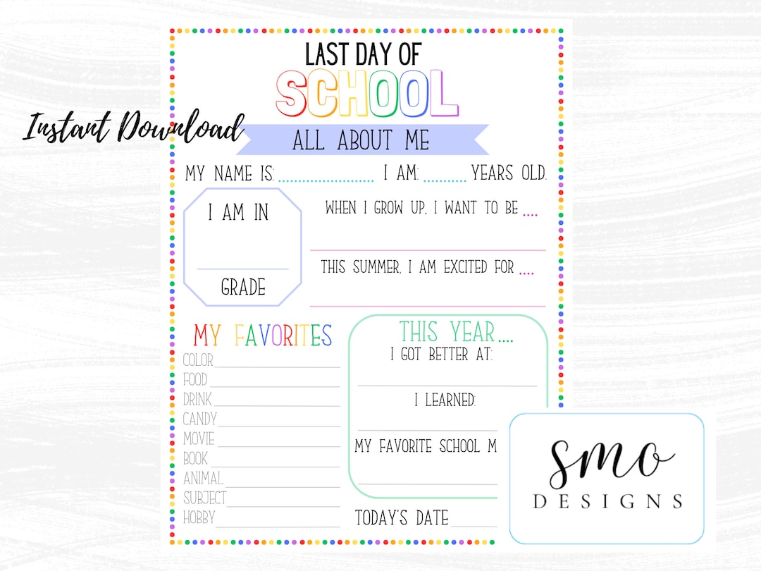 Last Day of School Printable Template Back to School Kids All About Me ...