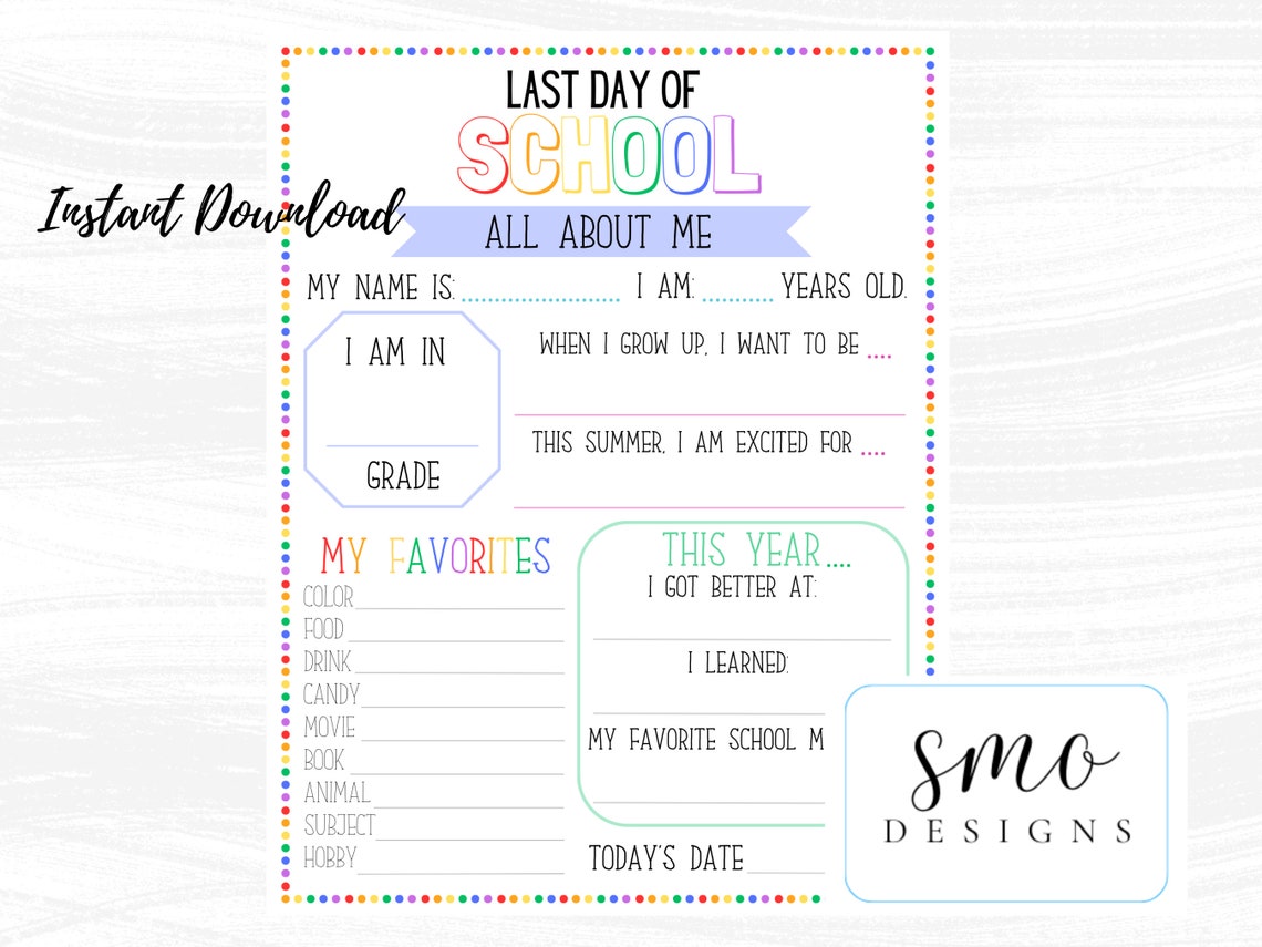 Last Day of School Printable Template Back to School Kids All About Me ...