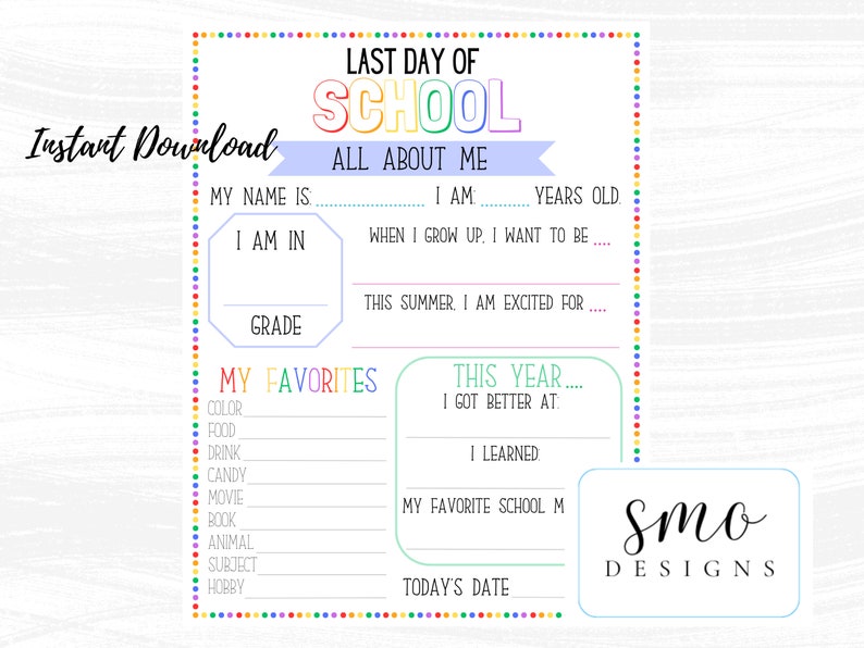 Last Day of School Printable Template Back to School Kids All About Me ...