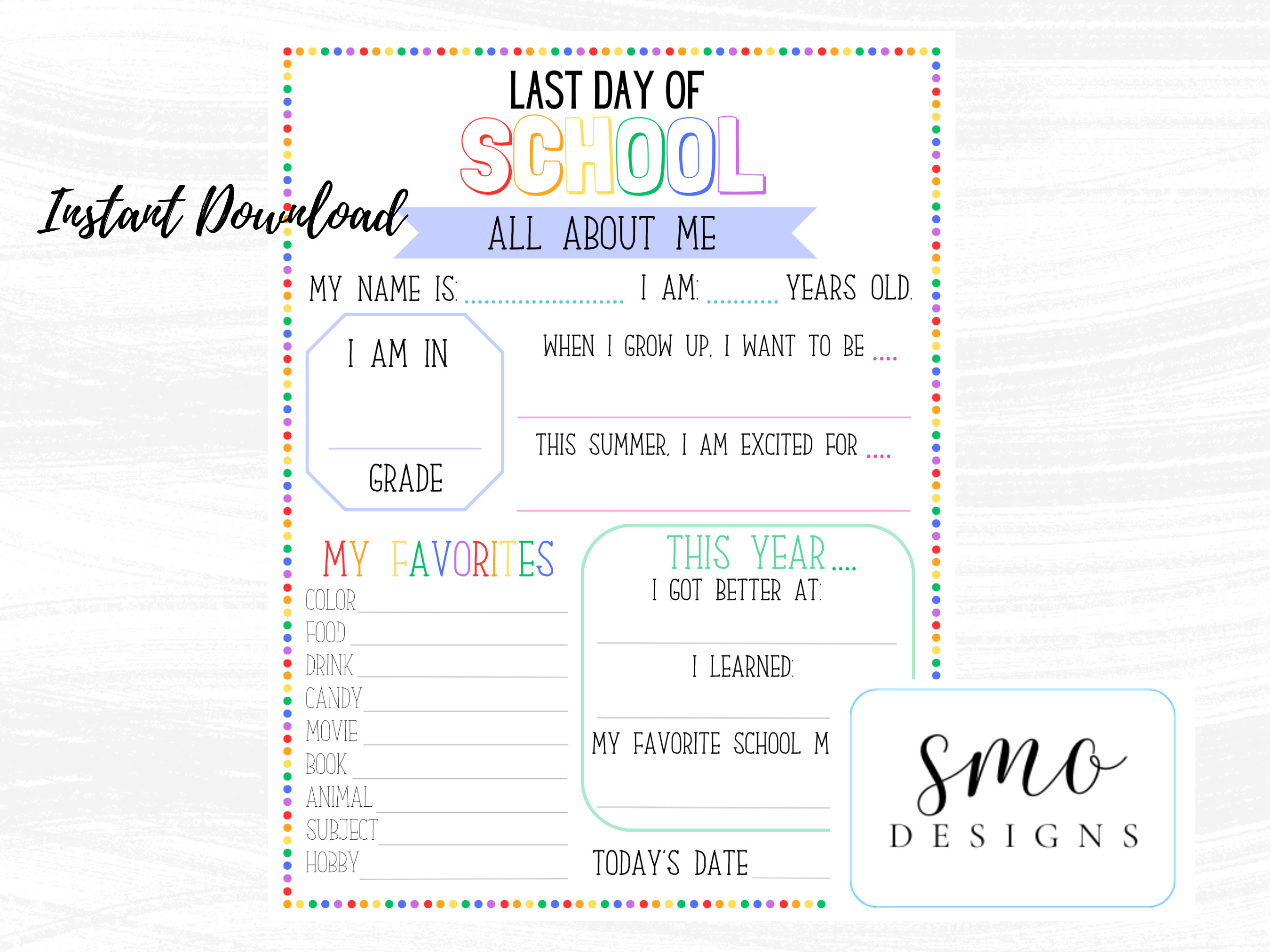 Last Day of School Printable Template Back to School Kids All About Me ...