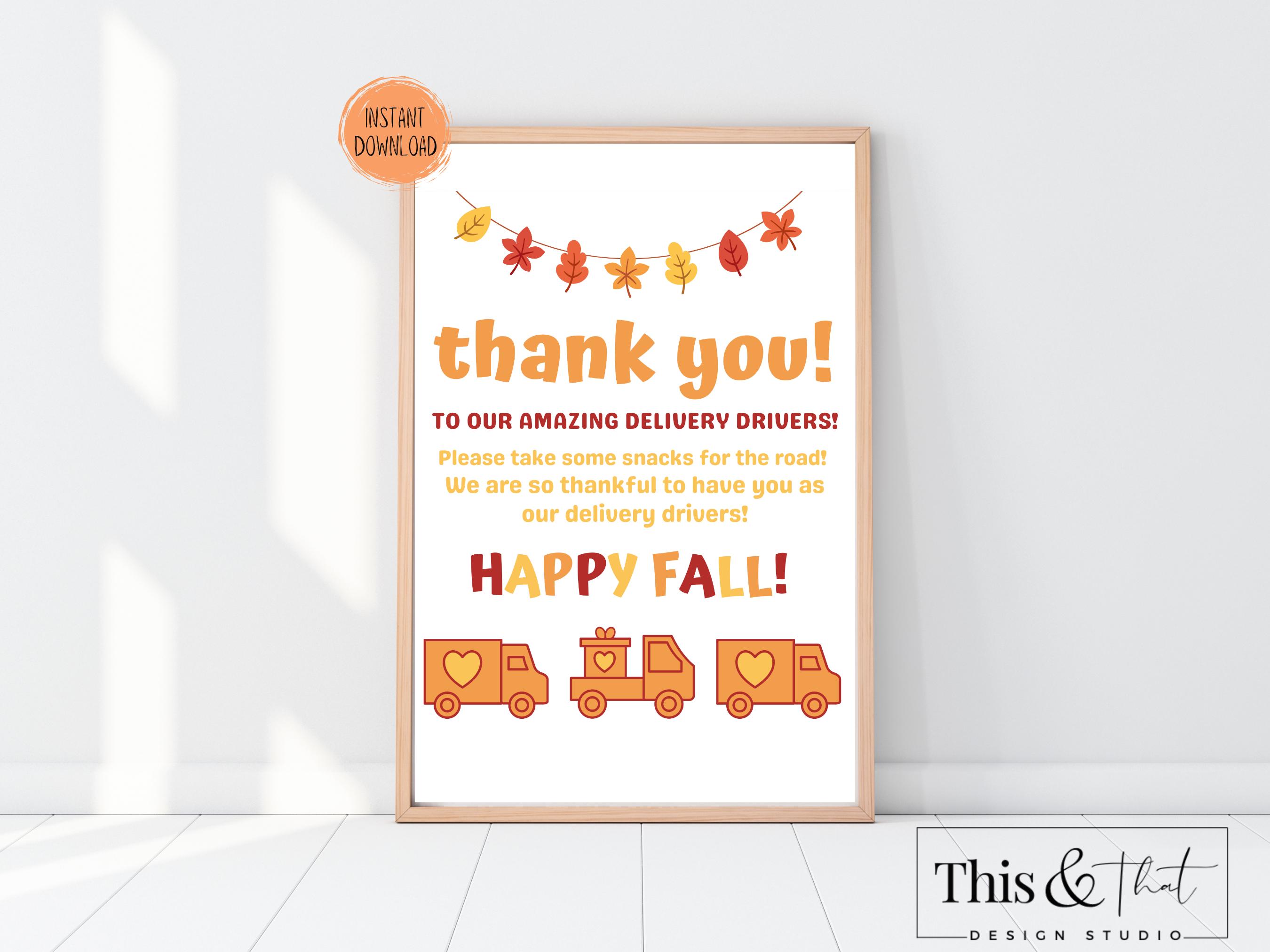 Fall Driver Thank You Snack & Drink Sign | Fall Mail Sign Printable ...