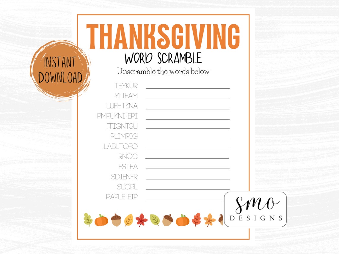 Thanksgiving Word Scramble Family Party Game Word Scramble Template ...