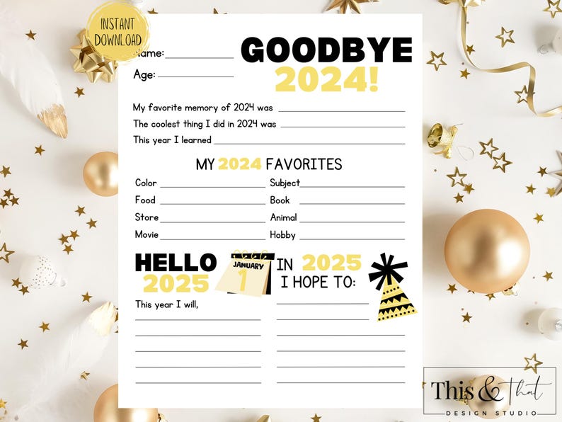 2025 New Years Resolution Printable | Goodbye 2024 Hello 2025 Kid ...