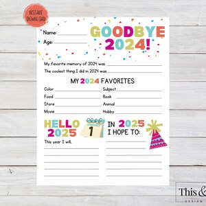 2025 New Years Resolution Printable | Goodbye 2024 Hello 2025 Kid ...