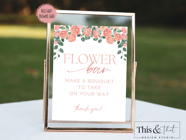 Pink Rose Flower Bar Printable Sign Flower Bouquet Bar Sign for Bridal ...