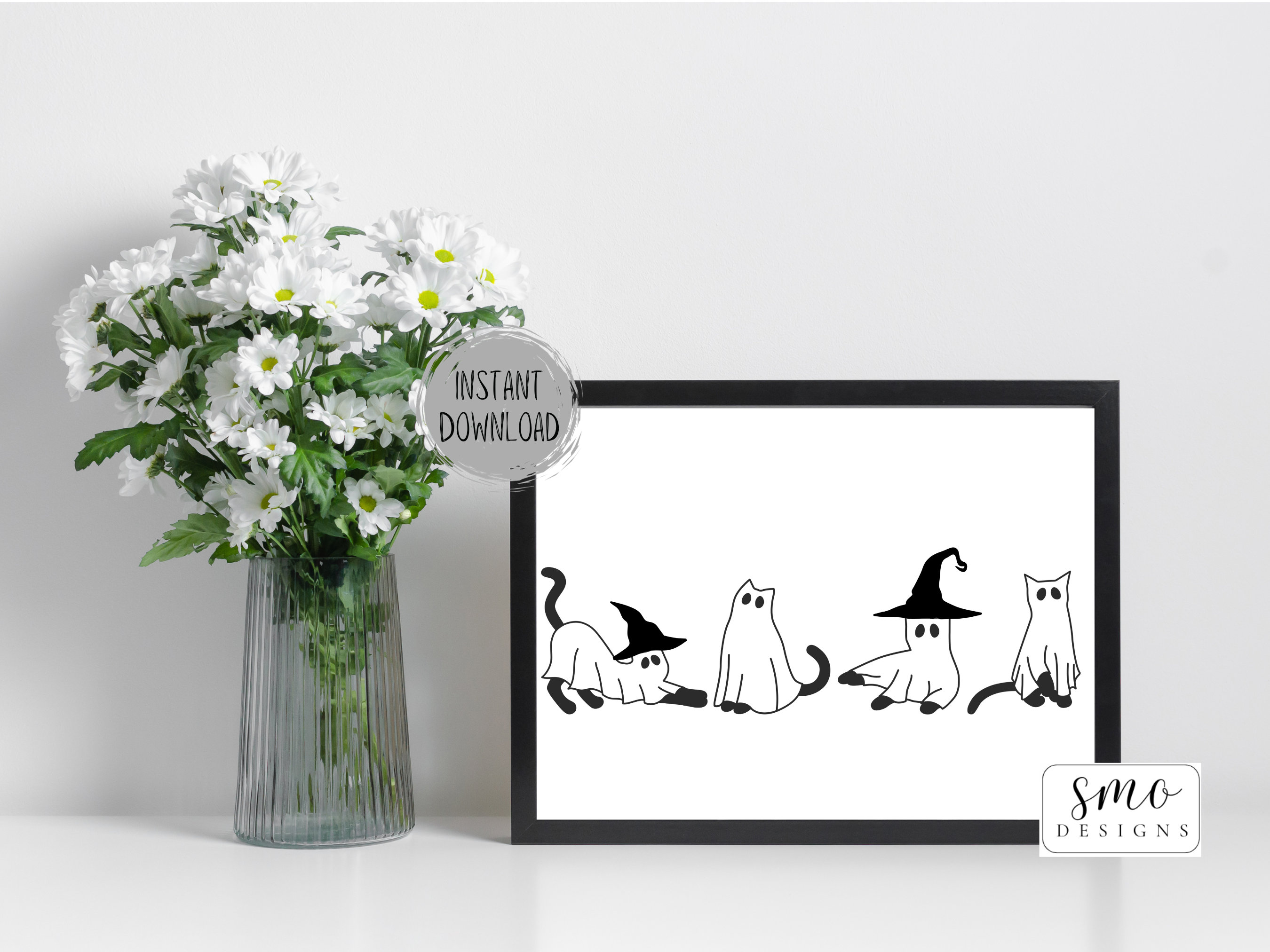 Halloween Cat Witch Ghost Art, Halloween Wall Art, Halloween Poster ...