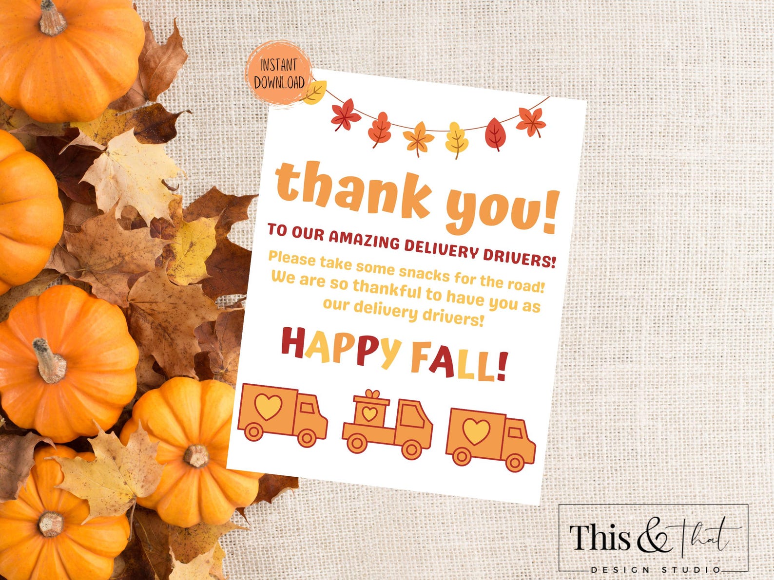 Fall Driver Thank You Snack & Drink Sign | Fall Mail Sign Printable ...
