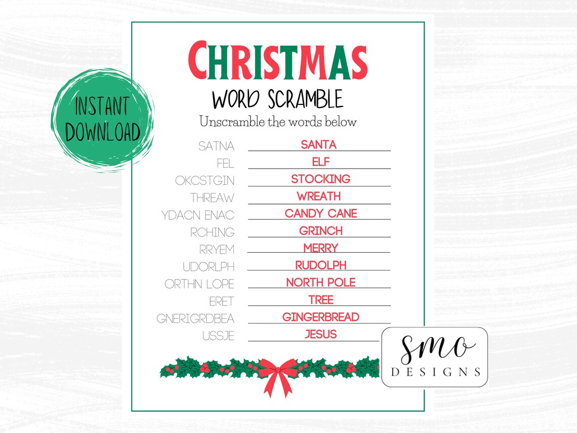 Christmas Word Scramble Christmas Party Game Word Finder Template ...