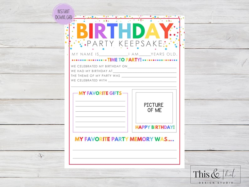 Birthday Party Keepsake Printable Kids Printable Birthday Questionnaire ...