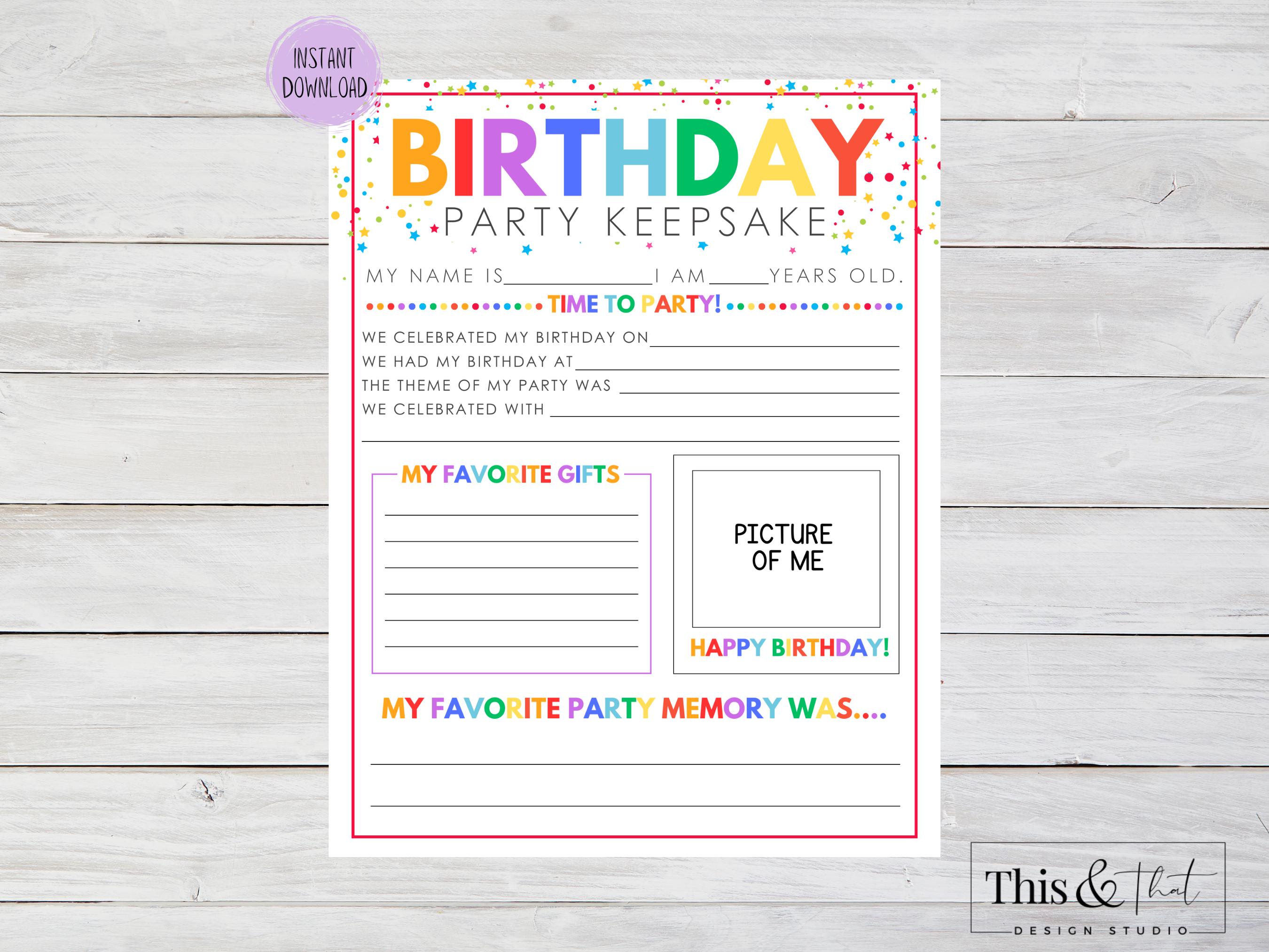 Birthday Party Keepsake Printable | Kids Printable Birthday ...