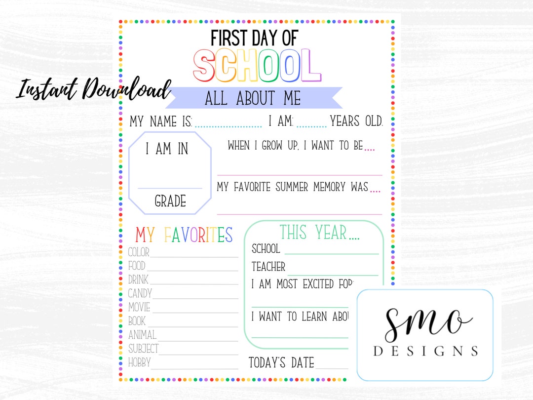 First Day of School Printable Template Back to School Kids All About Me ...
