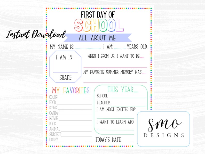 First Day of School Printable Template Back to School Kids All About Me ...
