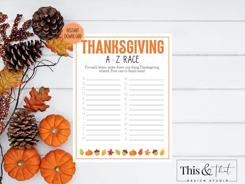 Thanksgiving A-Z Word Race Printable | Fall Activity Sheet Printable ...
