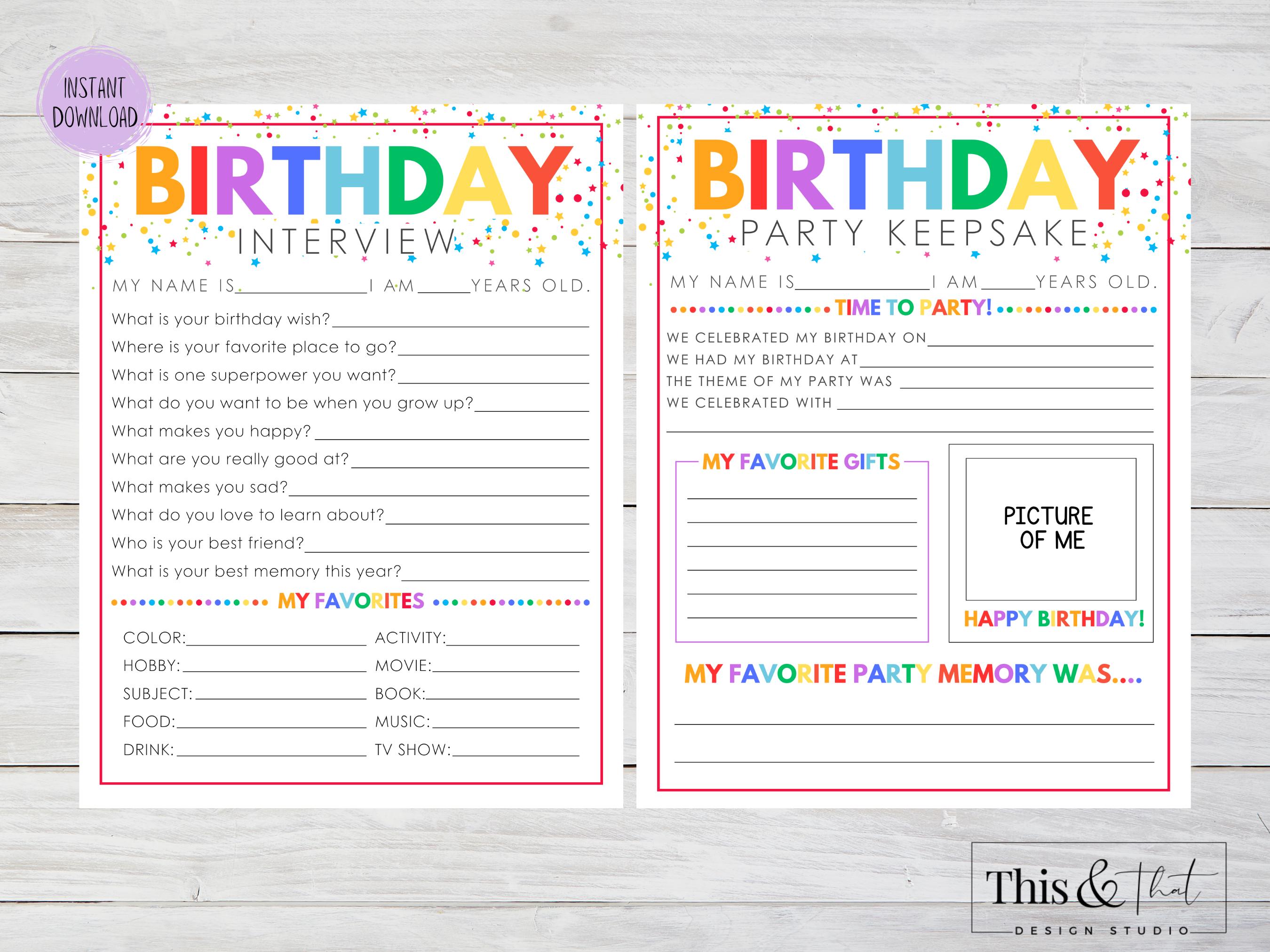 Birthday Interview BUNDLE Printable | Kids Printable Bday Questionnaire ...