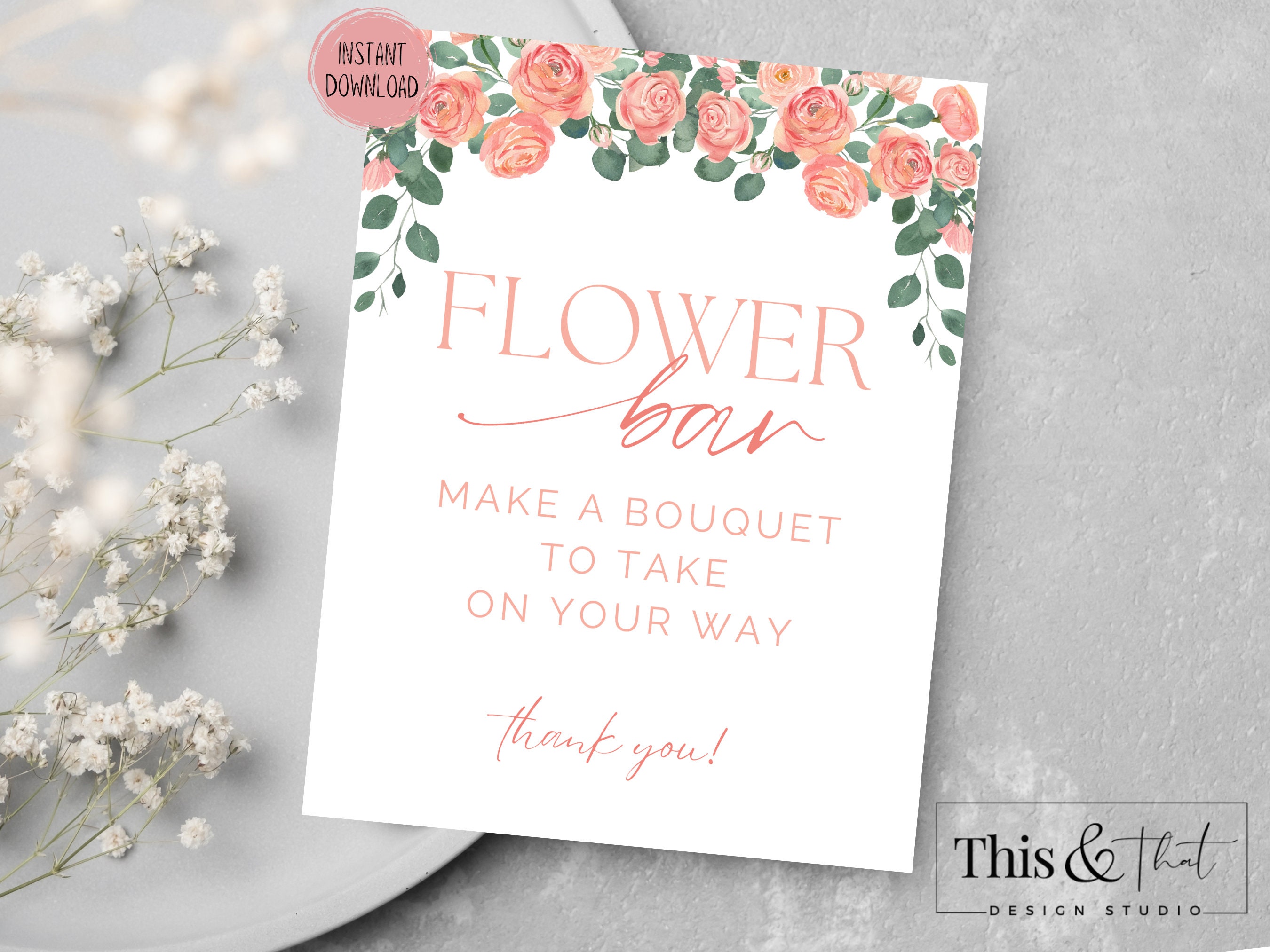 Pink Rose Flower Bar Printable Sign | Flower Bouquet Bar Sign for ...