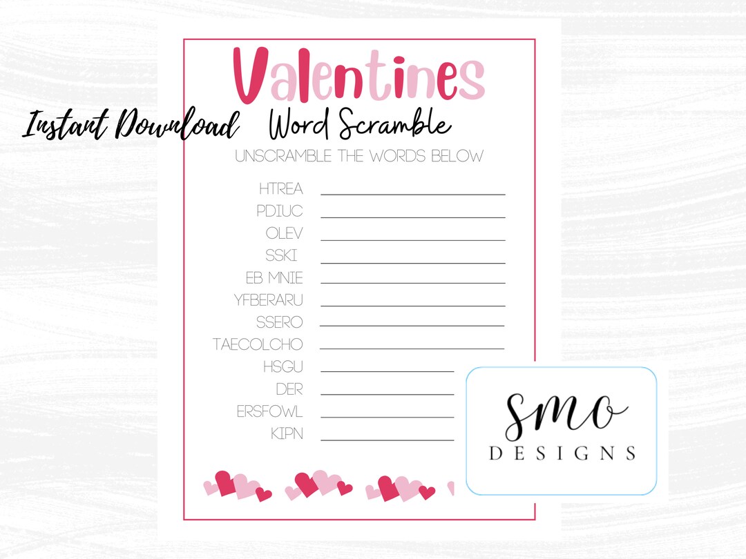Valentines Word Scramble Valentine Party Game Word Scramble Template ...