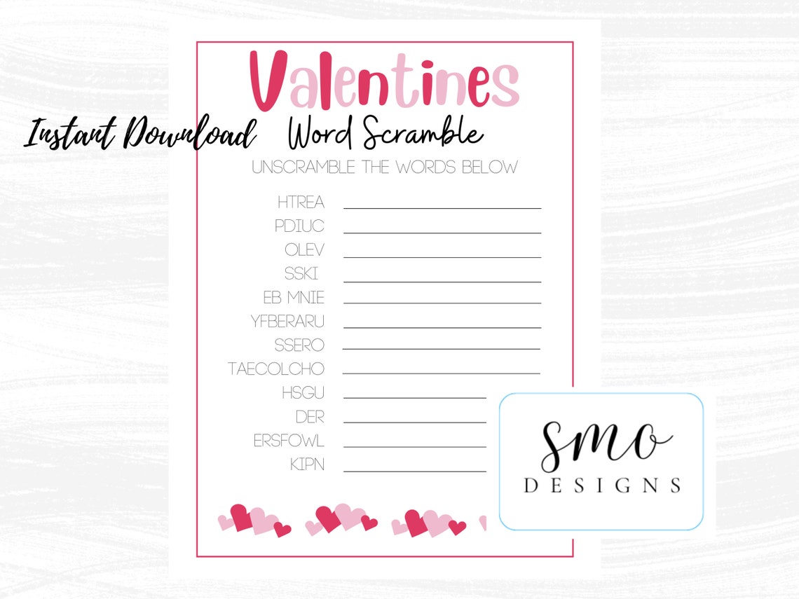 Valentines Word Scramble Valentine Party Game Word Scramble Template ...
