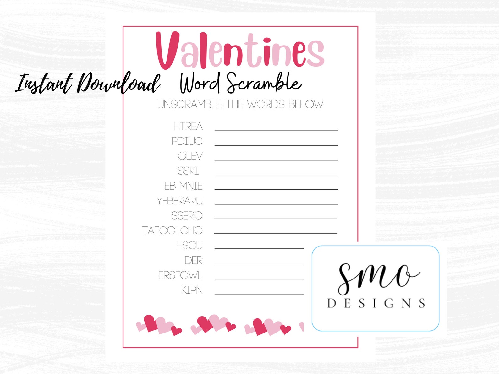 Valentines Word Scramble Valentine Party Game Word Scramble Template ...