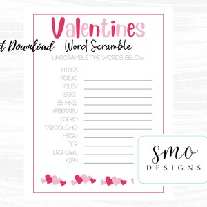 Valentines Word Scramble Valentine Party Game Word Scramble Template ...
