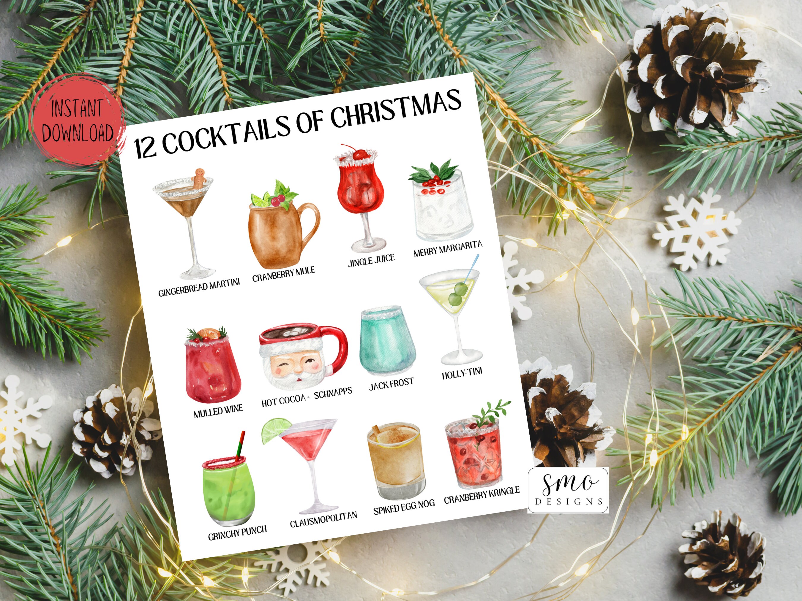 12 Cocktails of Christmas Bar Cart Sign Poster Funny Christmas Decor ...