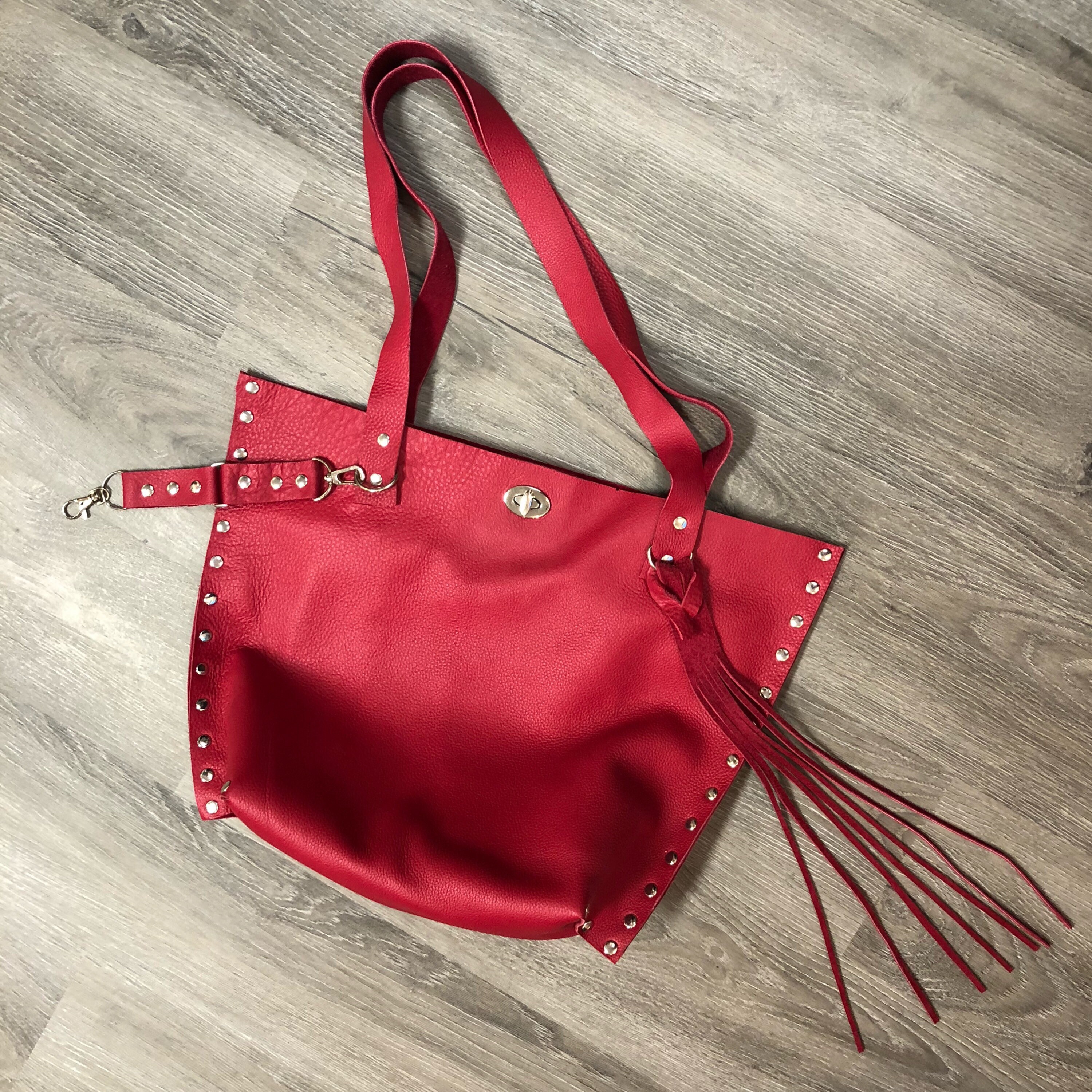 Large Red Leather Tote With Detachable Belt Bag Inside, Bright Red ...