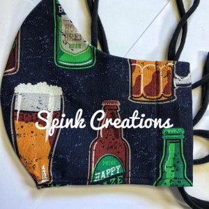 Mens Blue Beer Print Cotton Face Mask Made in USA, Beer Bottles Fabric ...