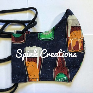 Mens Blue Beer Print Cotton Face Mask Made in USA, Beer Bottles Fabric ...