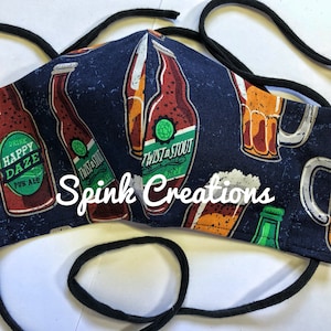 Mens Blue Beer Print Cotton Face Mask Made in USA, Beer Bottles Fabric ...