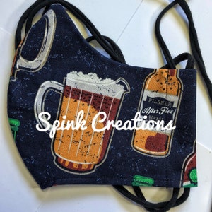 Mens Blue Beer Print Cotton Face Mask Made in USA, Beer Bottles Fabric ...
