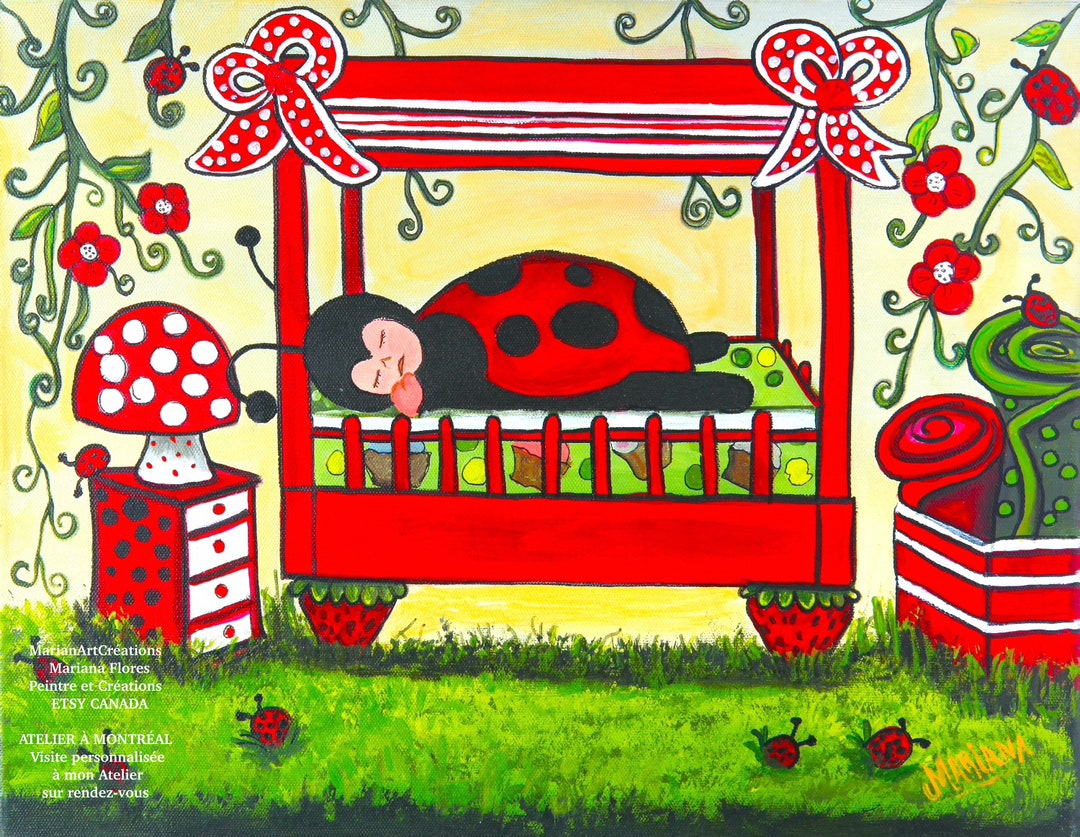 Naive Art bébé Coccinelle Fait Dodo Dans Son Jardin medium Acrylic on ...