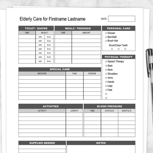Printable Elderly Care Daily Care Sheet Caregiver Sheet - Etsy