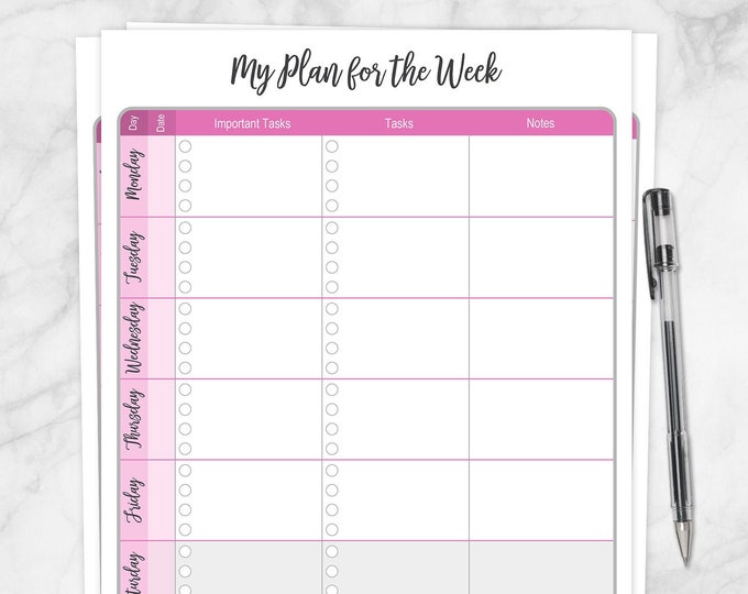 Printable Weekly Planner Page in Pink Grid Task Checklist and - Etsy