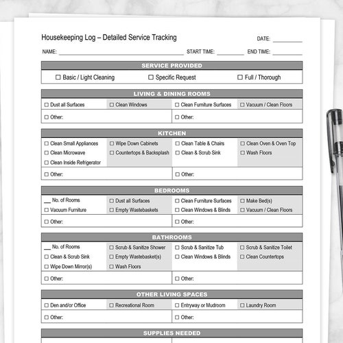 Printable Housekeeping Log Cleaning Service Detailed - Etsy