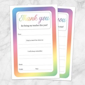 Printable Teacher Thank You Notes, Colorful End of School Year Thank ...