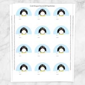 Printable Penguin Gift Tag Stickers, Cute Penguin Over Blue, Round to ...