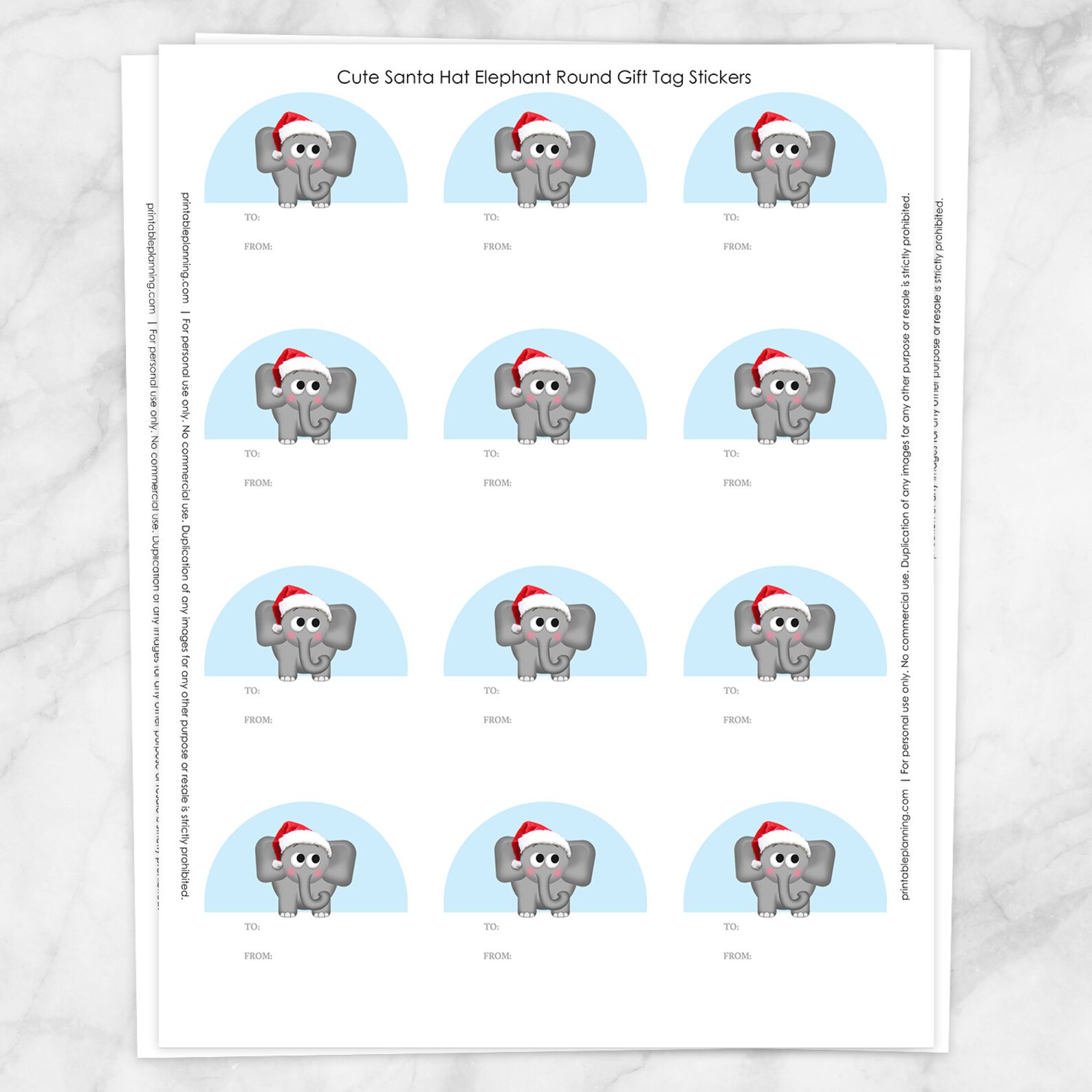 Printable Elephant Gift Tag Stickers, Cute Santa Hat Elephant Over Blue ...