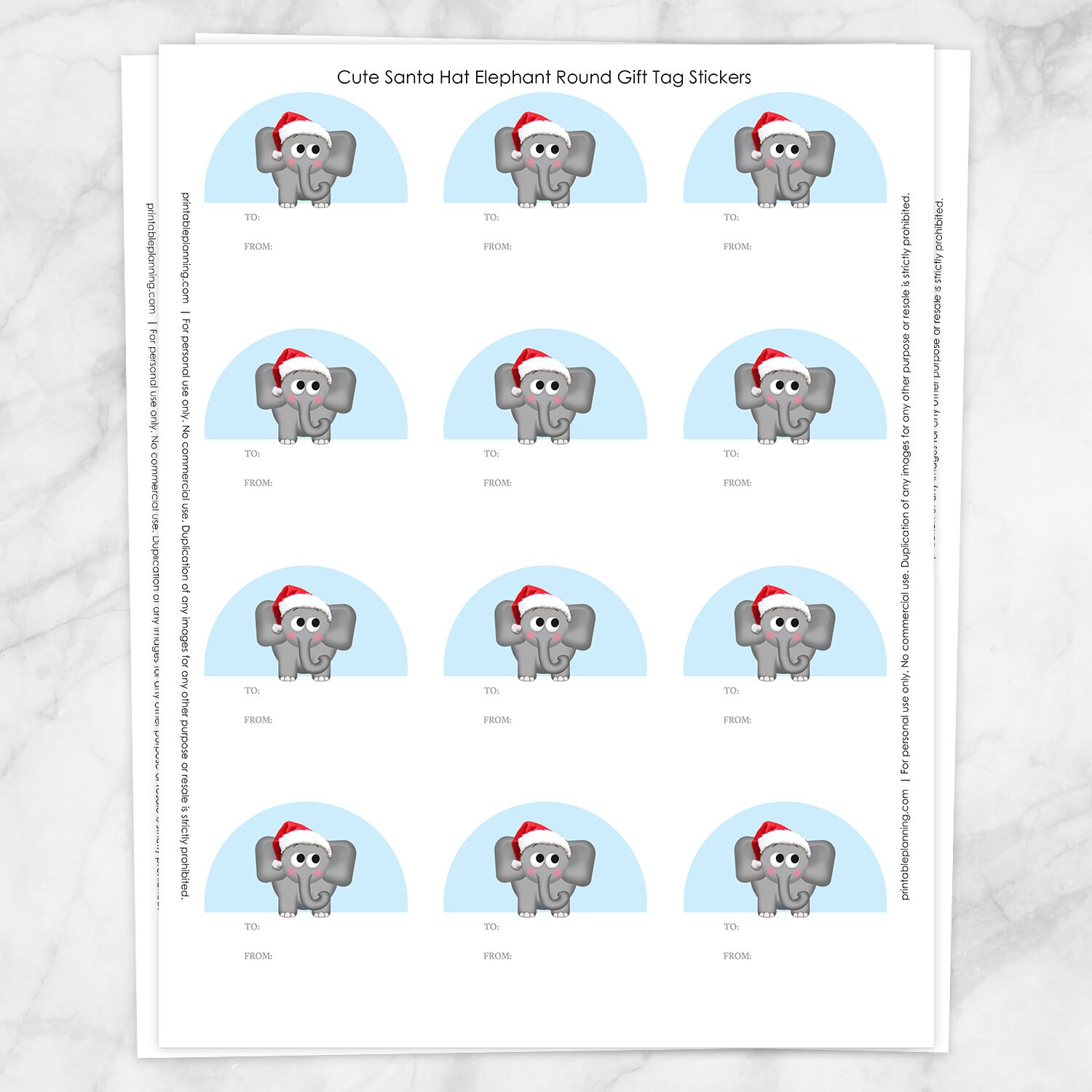 Printable Elephant Gift Tag Stickers, Cute Santa Hat Elephant Over Blue ...