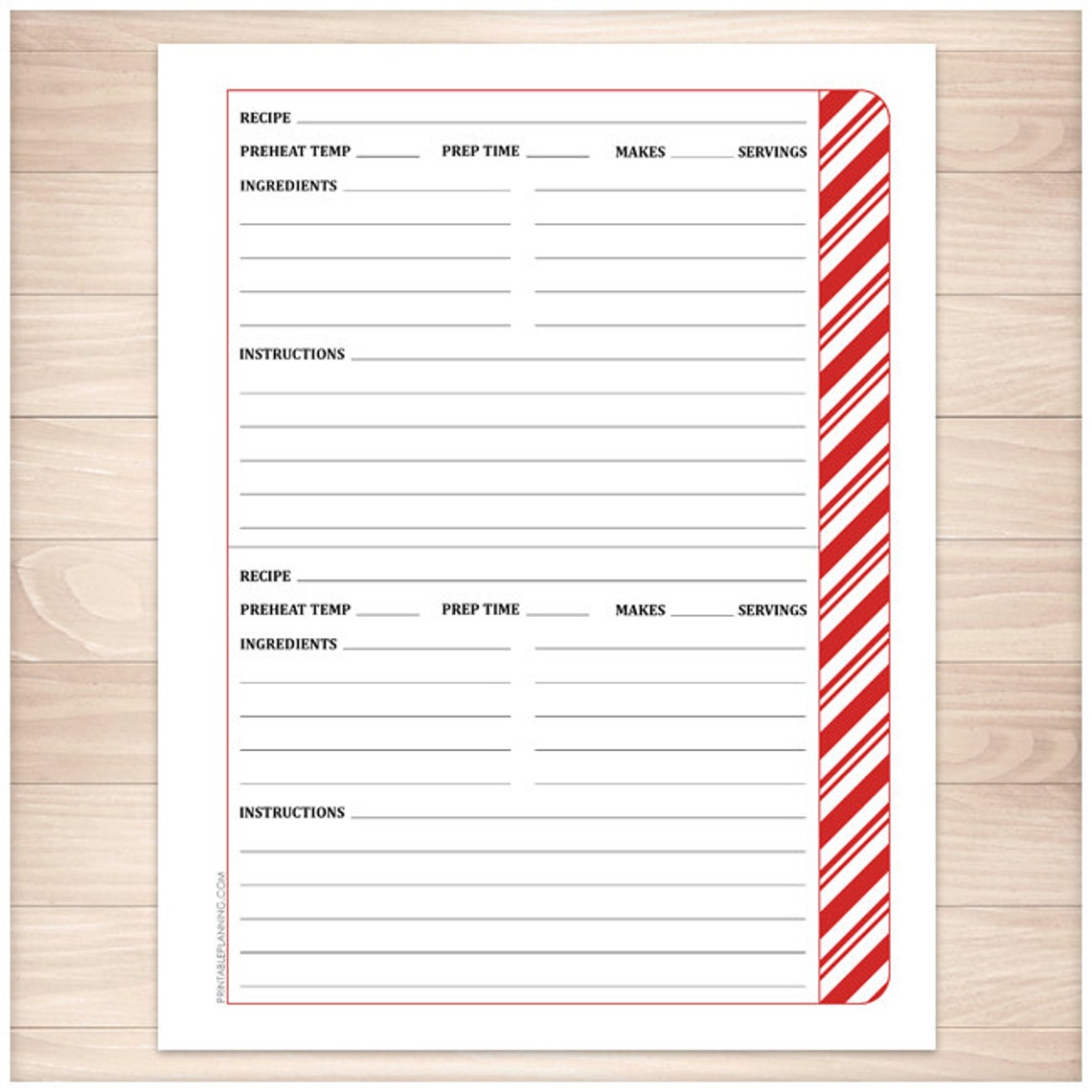Printable Holiday Recipe Pages Candy Cane Stripe Red White - Etsy