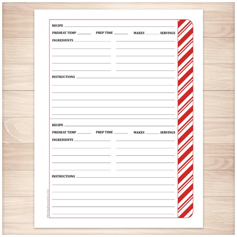 Printable Holiday Recipe Pages Candy Cane Stripe Red White - Etsy