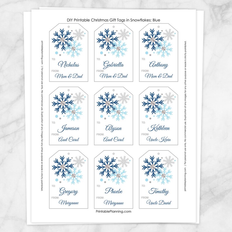 Printable Snowflake Gift Tags in Blue, Personalize the Names, Editable ...