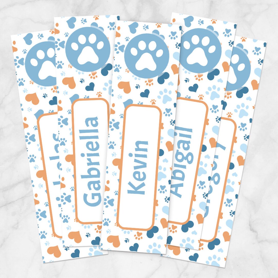 Printable Personalized Paw Print Bookmarks, Blue Orange Hearts, School ...
